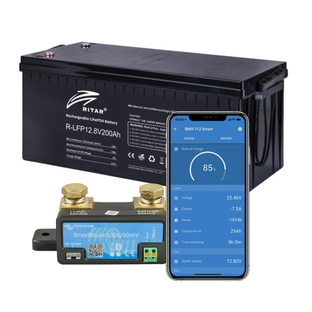 RITAR Lithium Batteri 12V 200Ah med VICTRON Smartshunt Batterimonitor ...